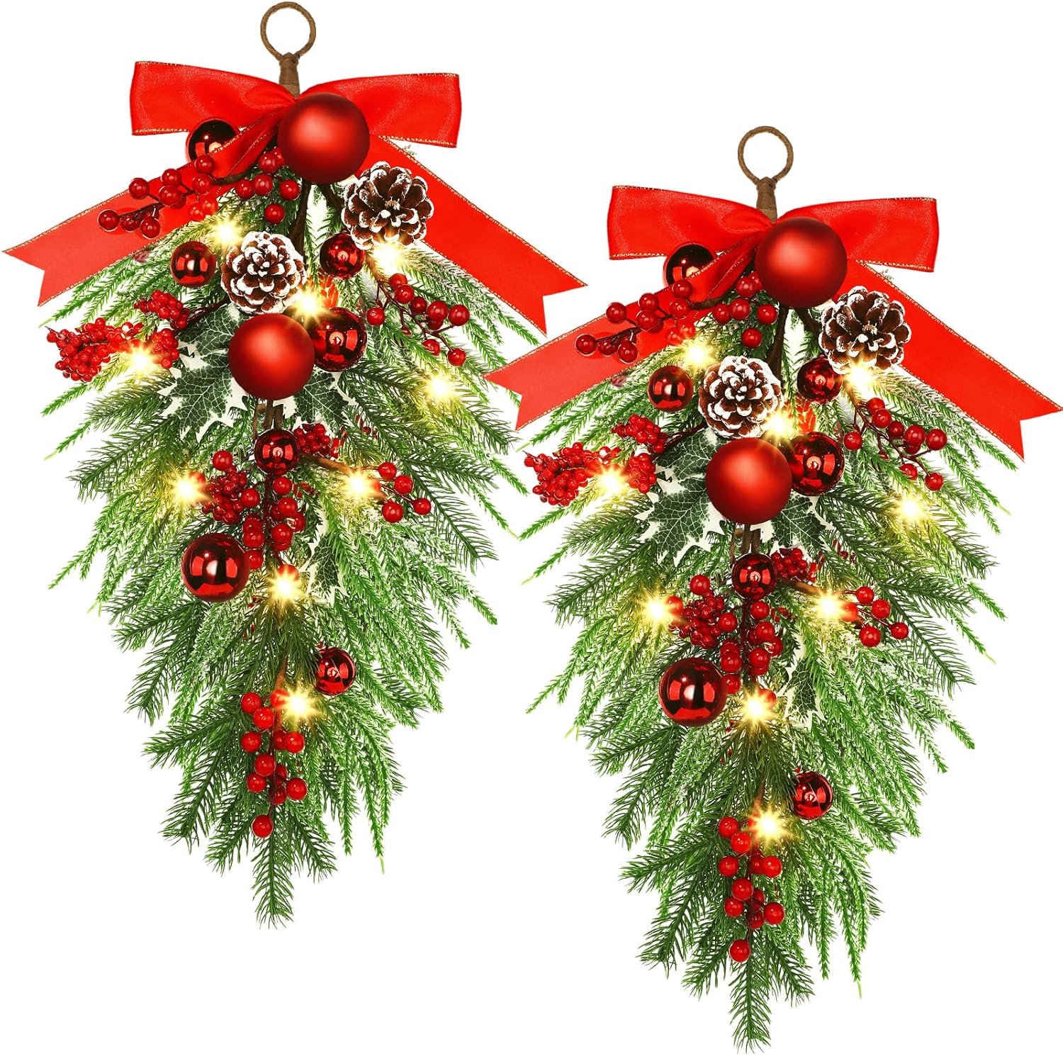Amazon.com: Liliful 2 Pcs Christmas Teardrop Swags with Lights Norfolk 24'' Pre Lit Lighted Xmas ...