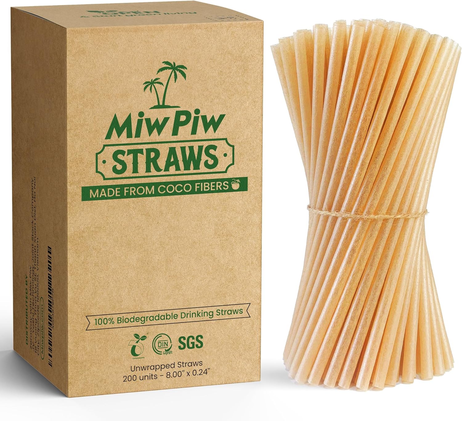 Amazon.com: Miw Piw Biodegradable Coconut Straws Set 200 - Disposable ...