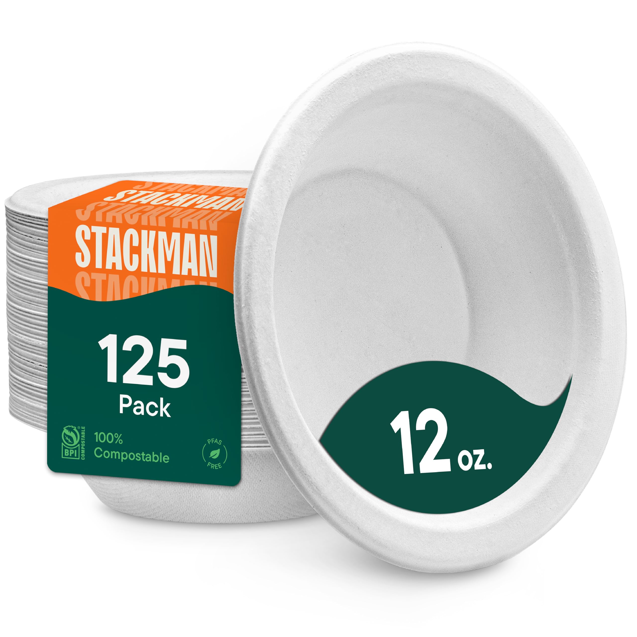 Stack Man 100% Compostable 12 oz Heavy-Duty Bowls [125-Pack] Eco ...
