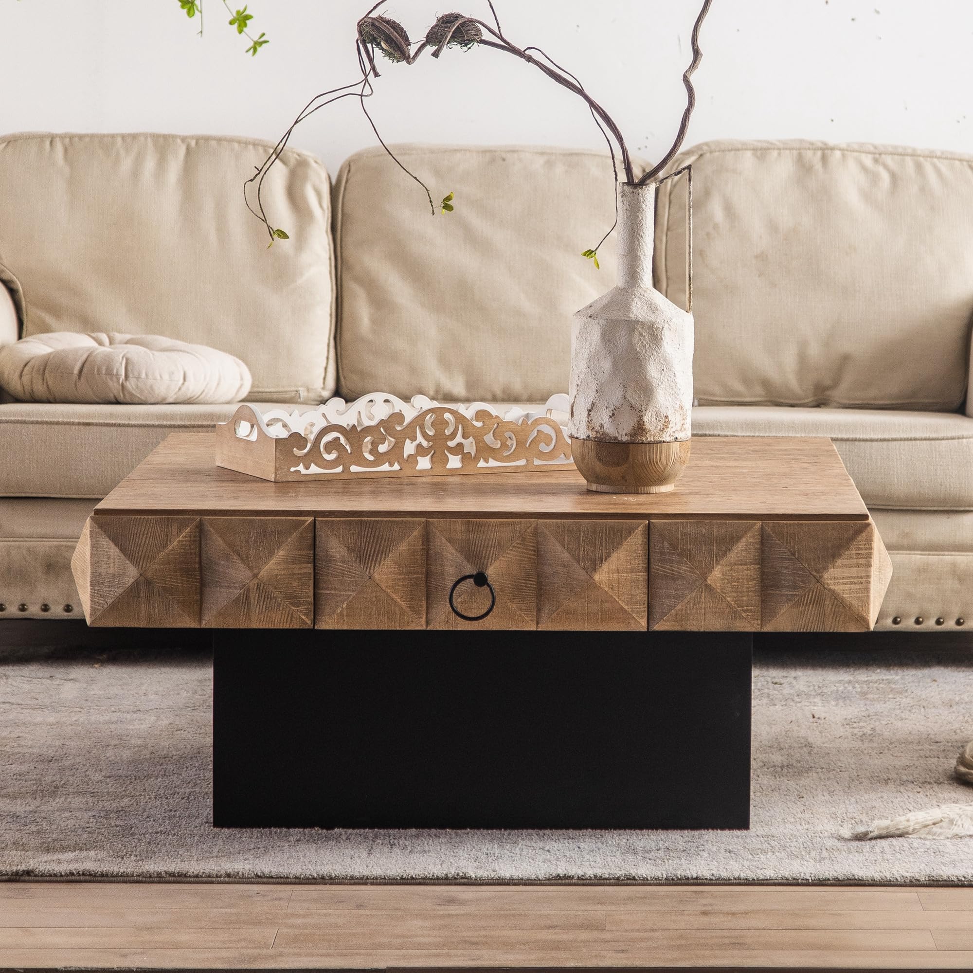 SSLine Square Wood Coffee Table with Diamond Pattern Farmhouse Cocktail ...