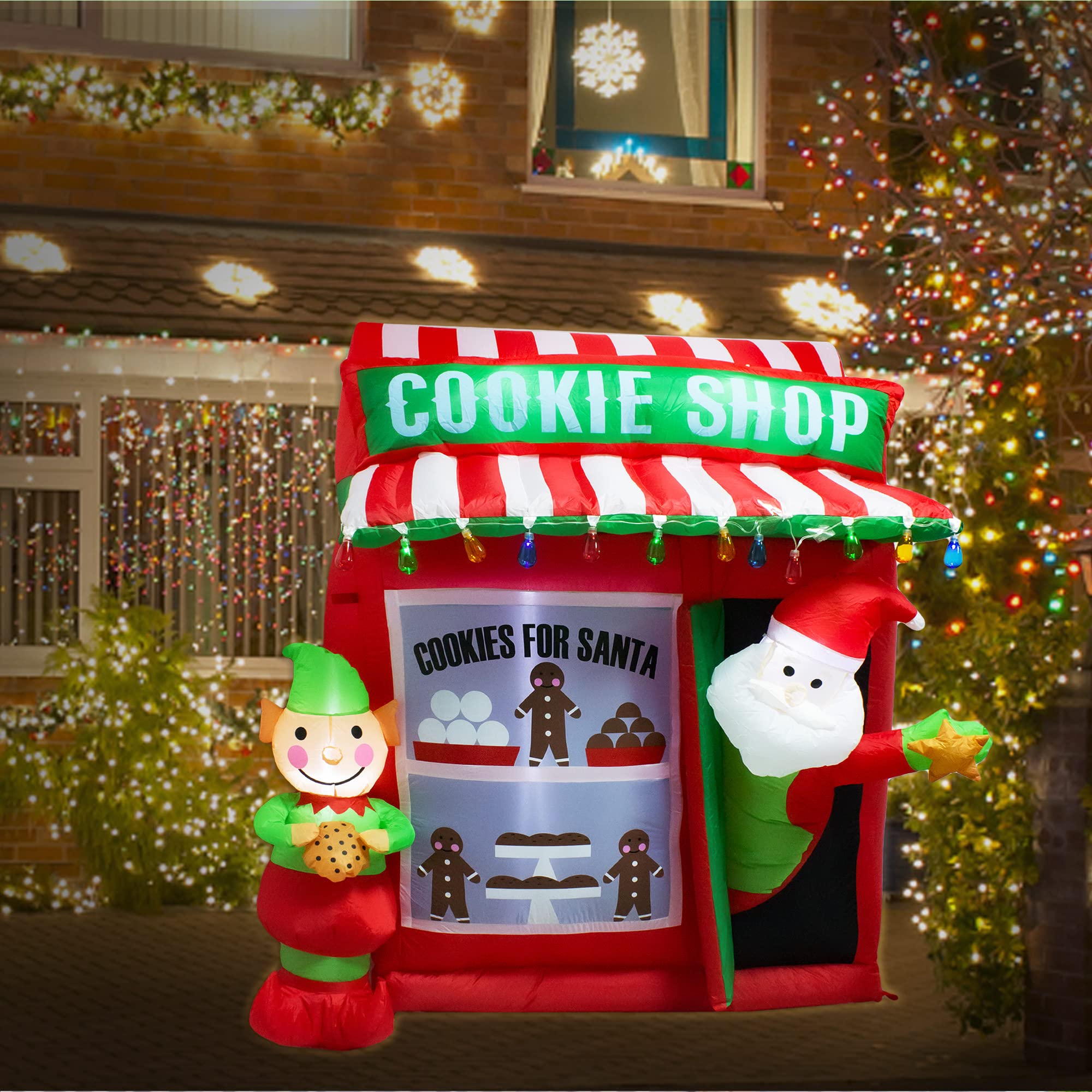 luxfcup 6FT Christmas Inflatable Santa Elf Cookie Shop Decoration with ...