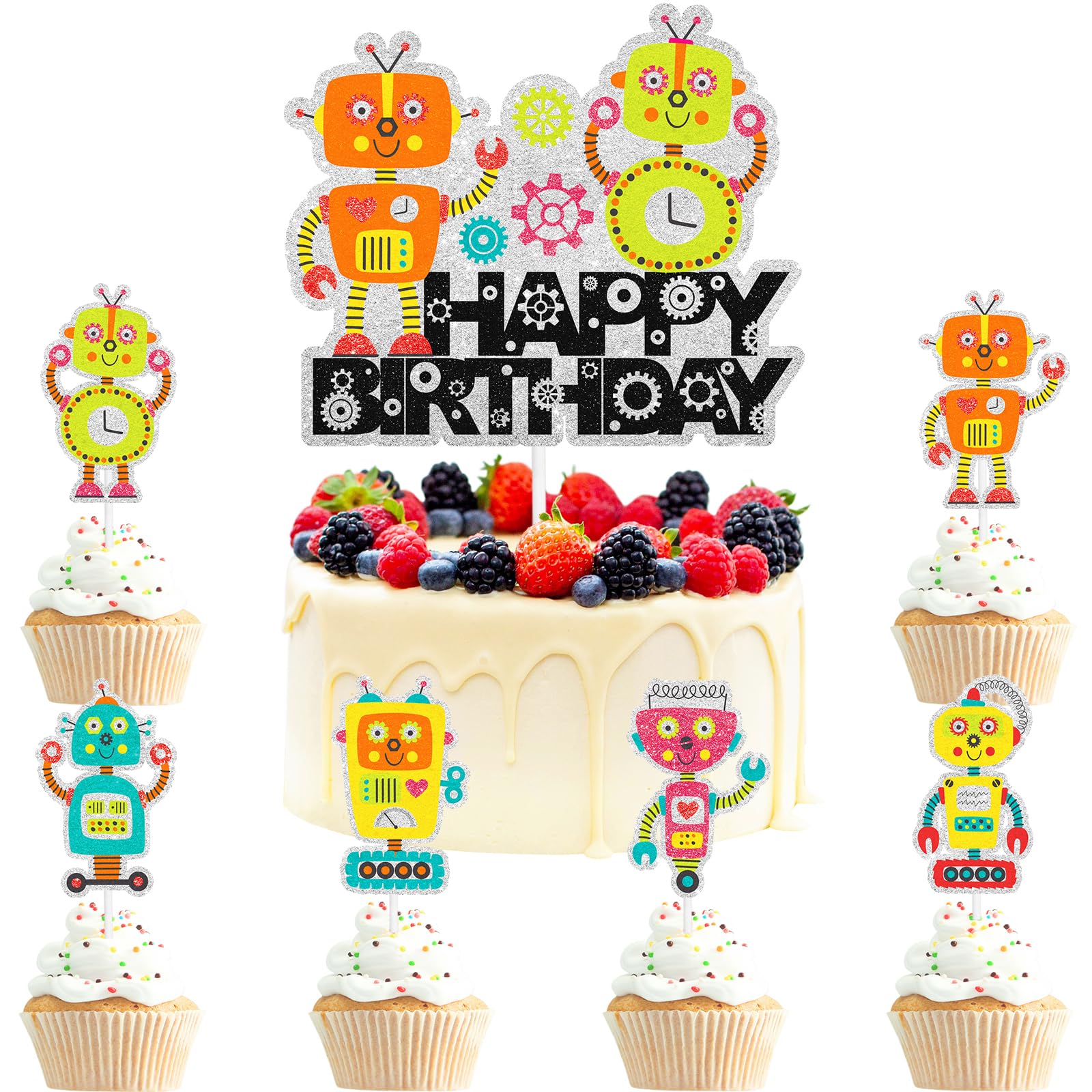 Amazon.com: 7-Piece Robot Cake Topper Set Mechanical Gears Themed Happy ...