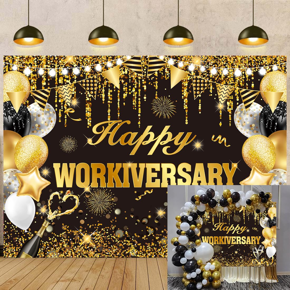 Snapklik.com : Happy Work Anniversary Banner Backdrop 7x5FT Black Gold ...