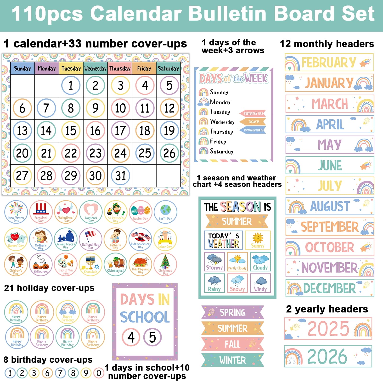 Snapklik.com : Pastel Calendar Bulletin Board Set Colorful Boho Rainbow ...