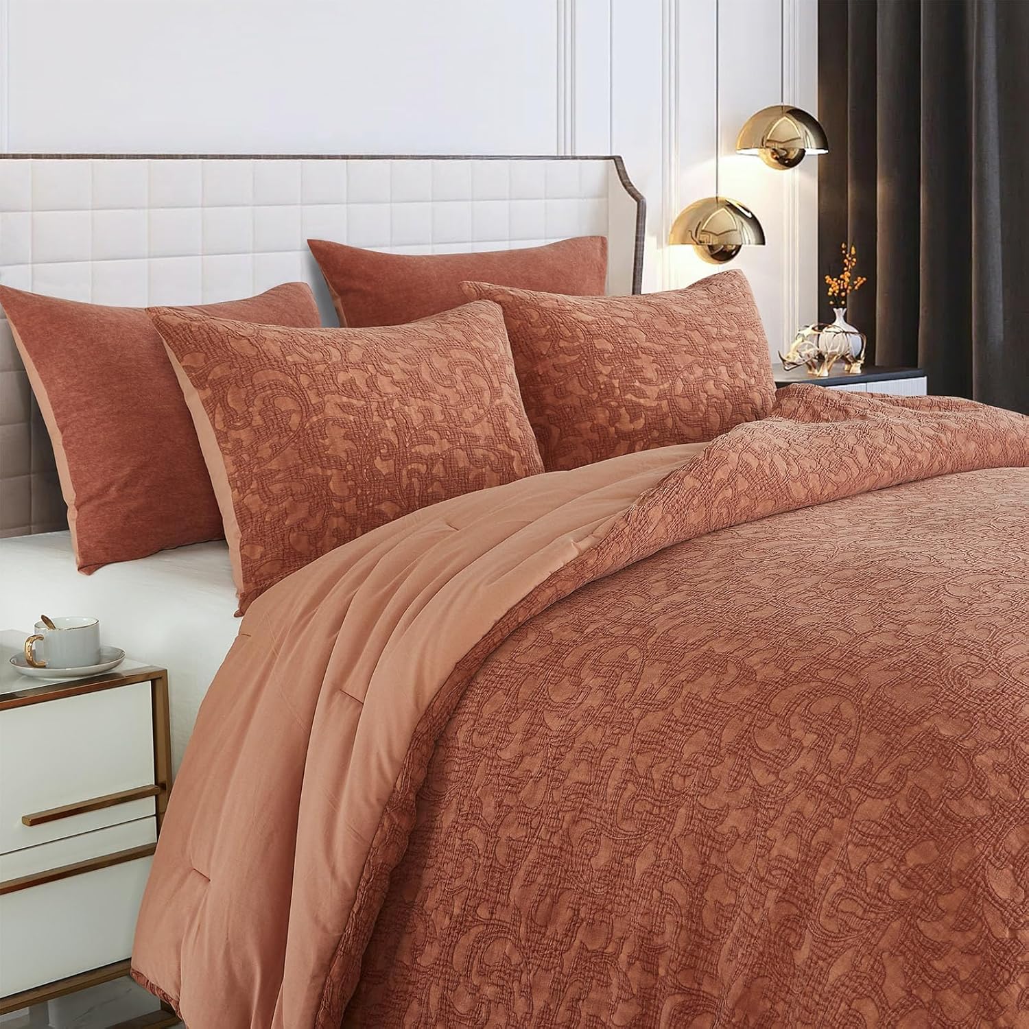 Juego de edredón bohemio de algodón tamaño King, color naranja quemado ...