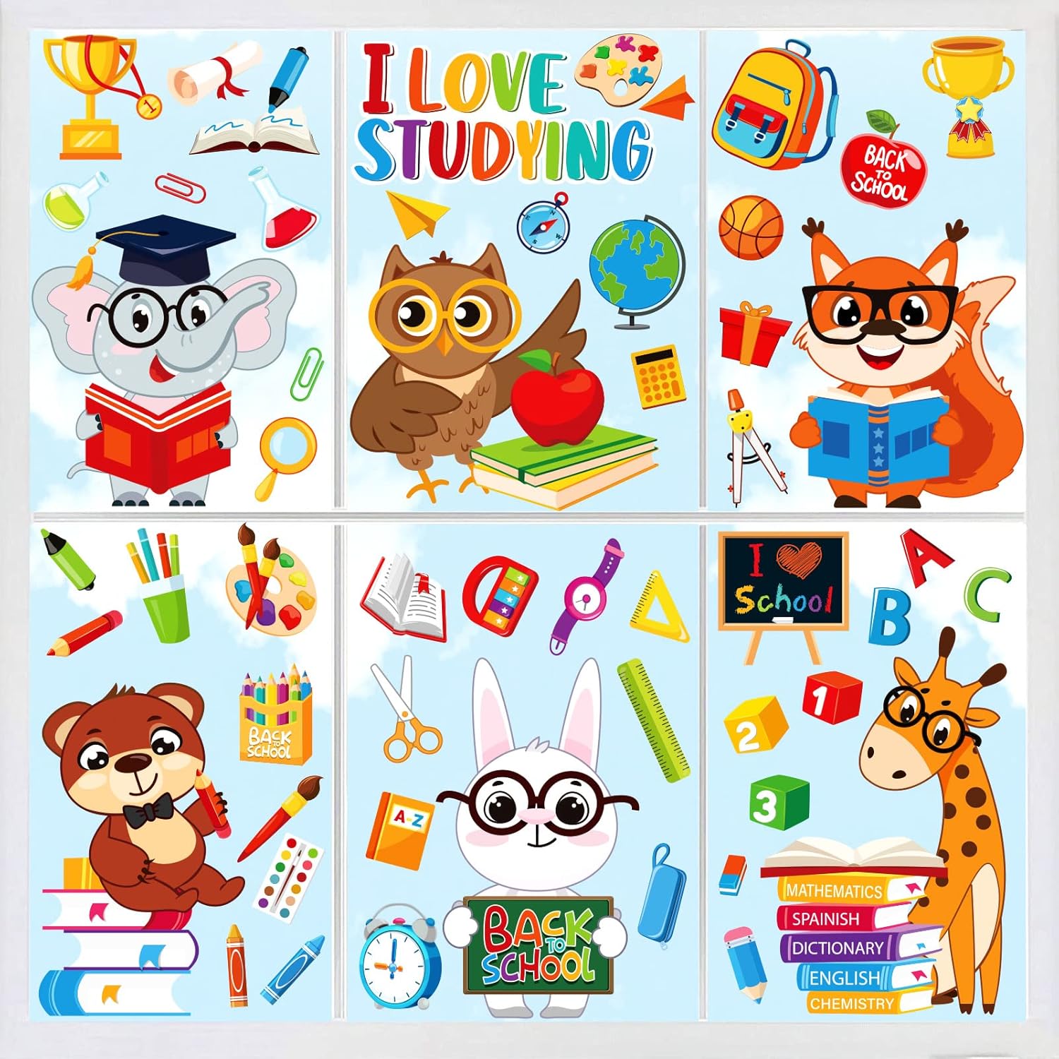 Amazon.com: Whaline 9 Sheets Back to School Window Clings Cute Animals ...