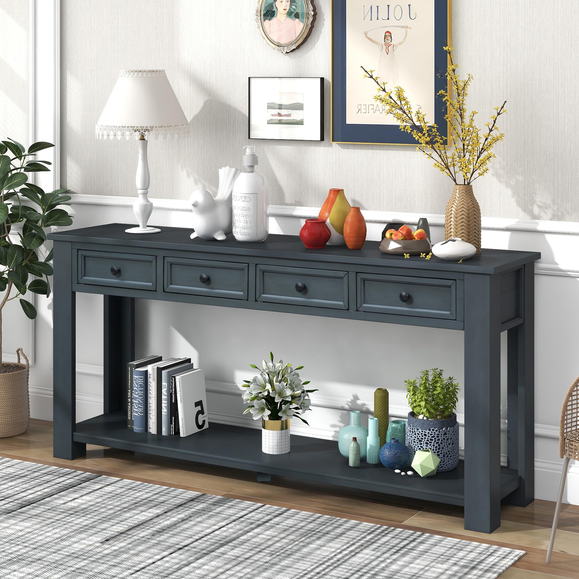 Amazon.com: Knocbel Console Table with 4 Storage Drawers Bottom Shelf ...