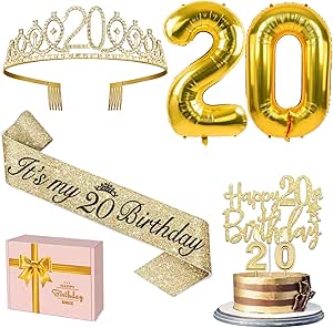 Amazon.com: 20th Birthday Decorations for Women Gold with 20th Birthday Tiara and Sash, Cake ...