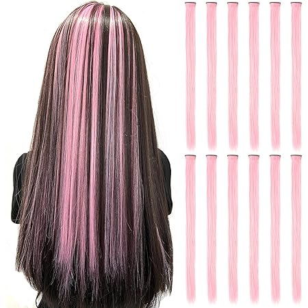 Amazon.com : 12PCS Colored Light pink Hair Extensions Straight ...