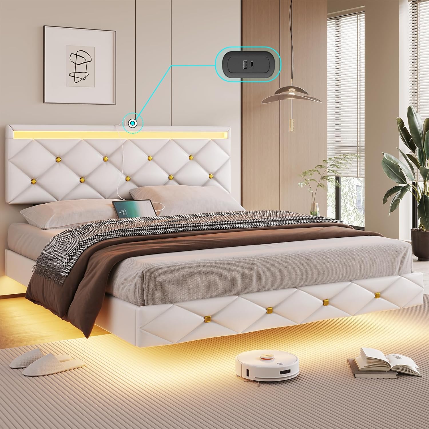 Amazon.com - DICTAC Queen Floating Bed Frame with LED Lights and USB ...