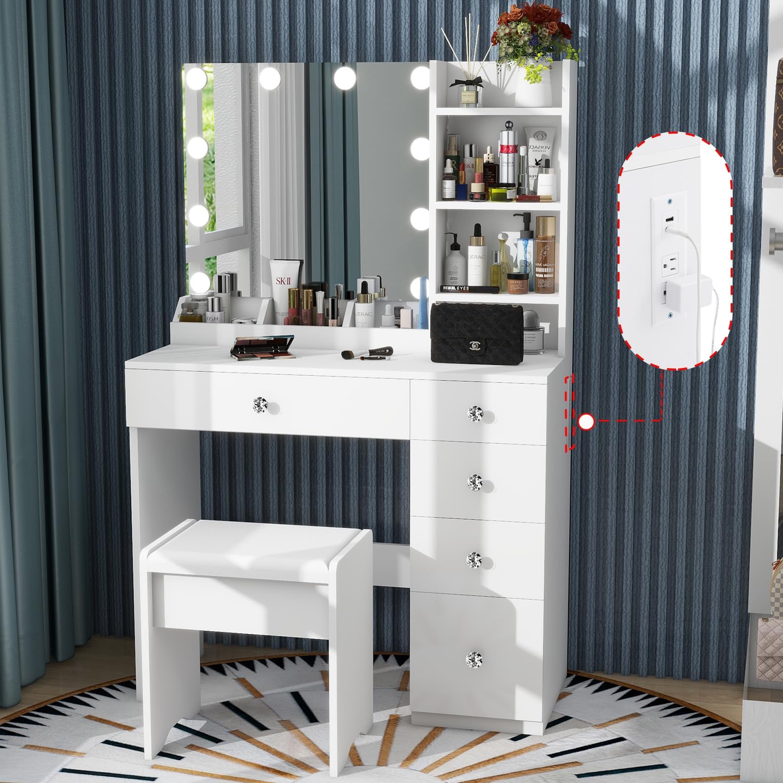 Amazon.com: Modern Vanity Desk with Lighted Mirror and 3 Color Lights ...