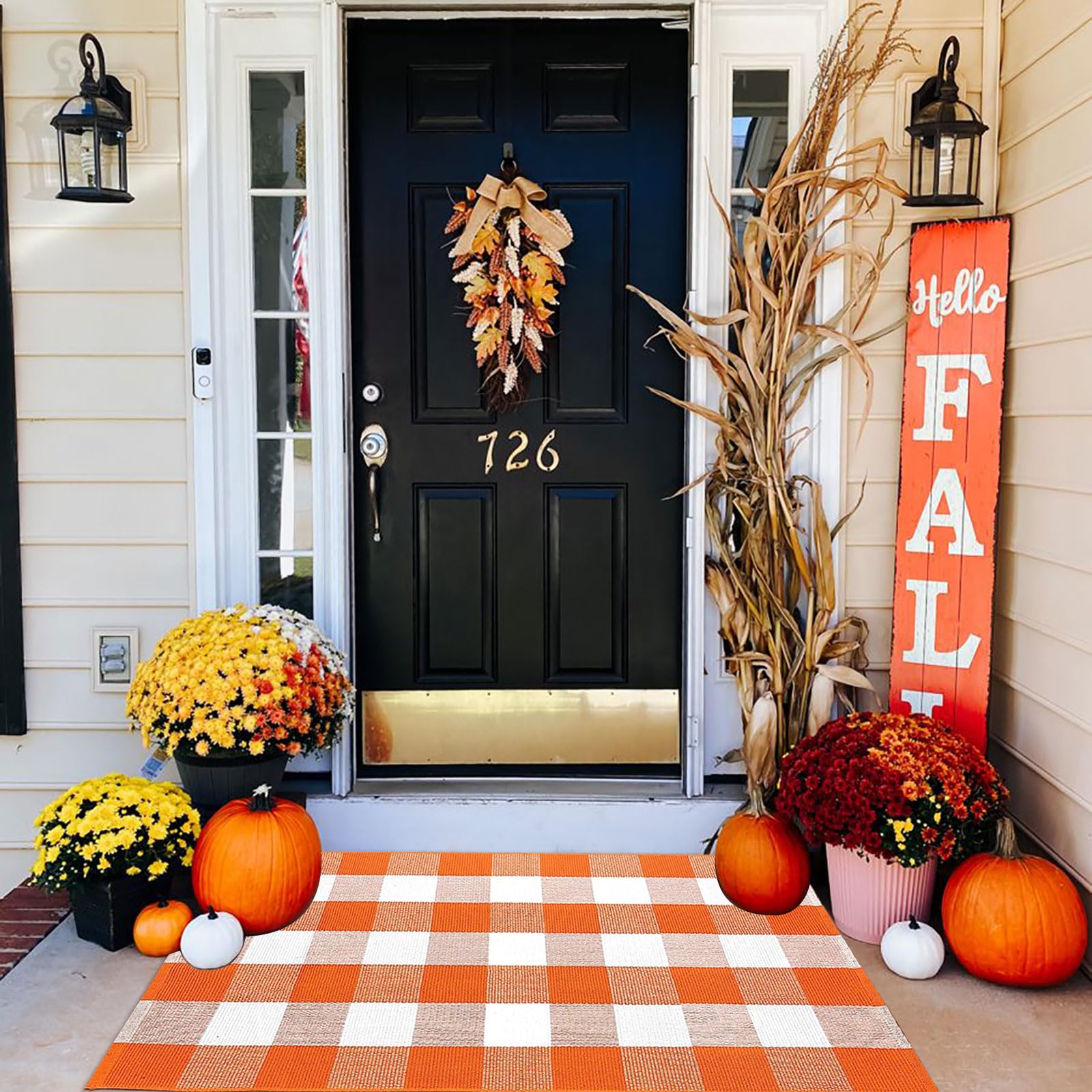 Amazon.com: Fall Outdoor Rug Orange Buffalo Plaid Outdoor Rug Cotton ...