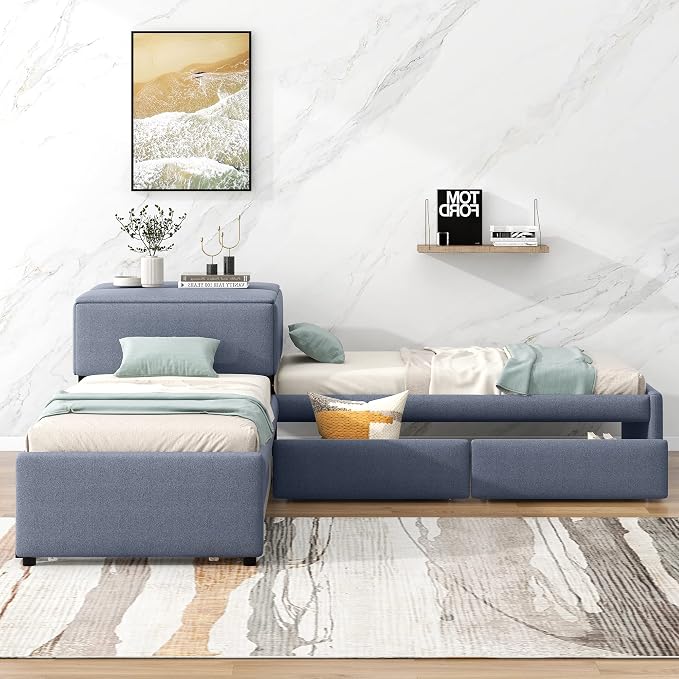 Amazon.com: SOFTSEA Upholstered L-Shaped Platform Bed Frame with ...