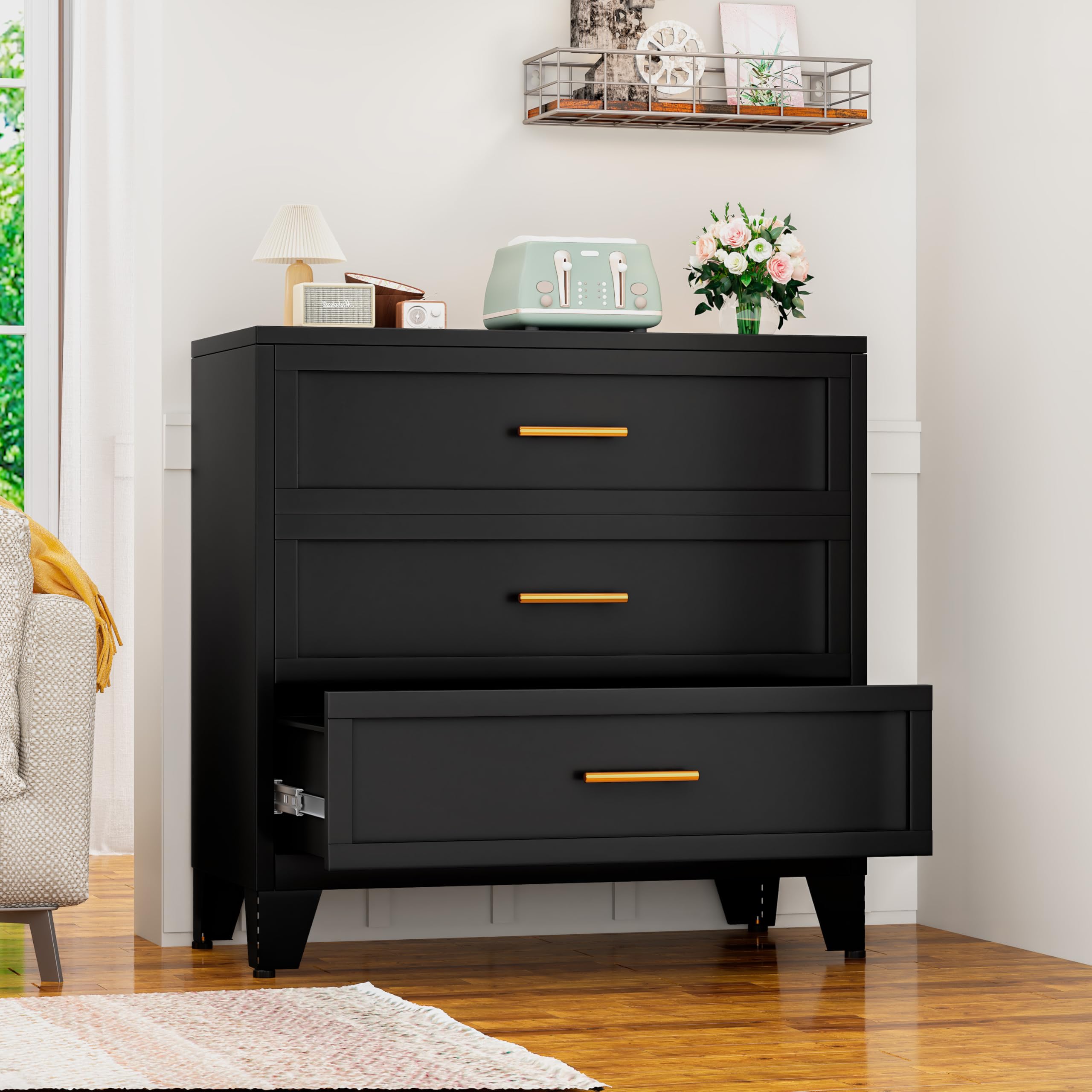 Amazon.com: GAIOUS 3 Drawer Metal File Cabinet, Bedroom Dresser Drawers ...