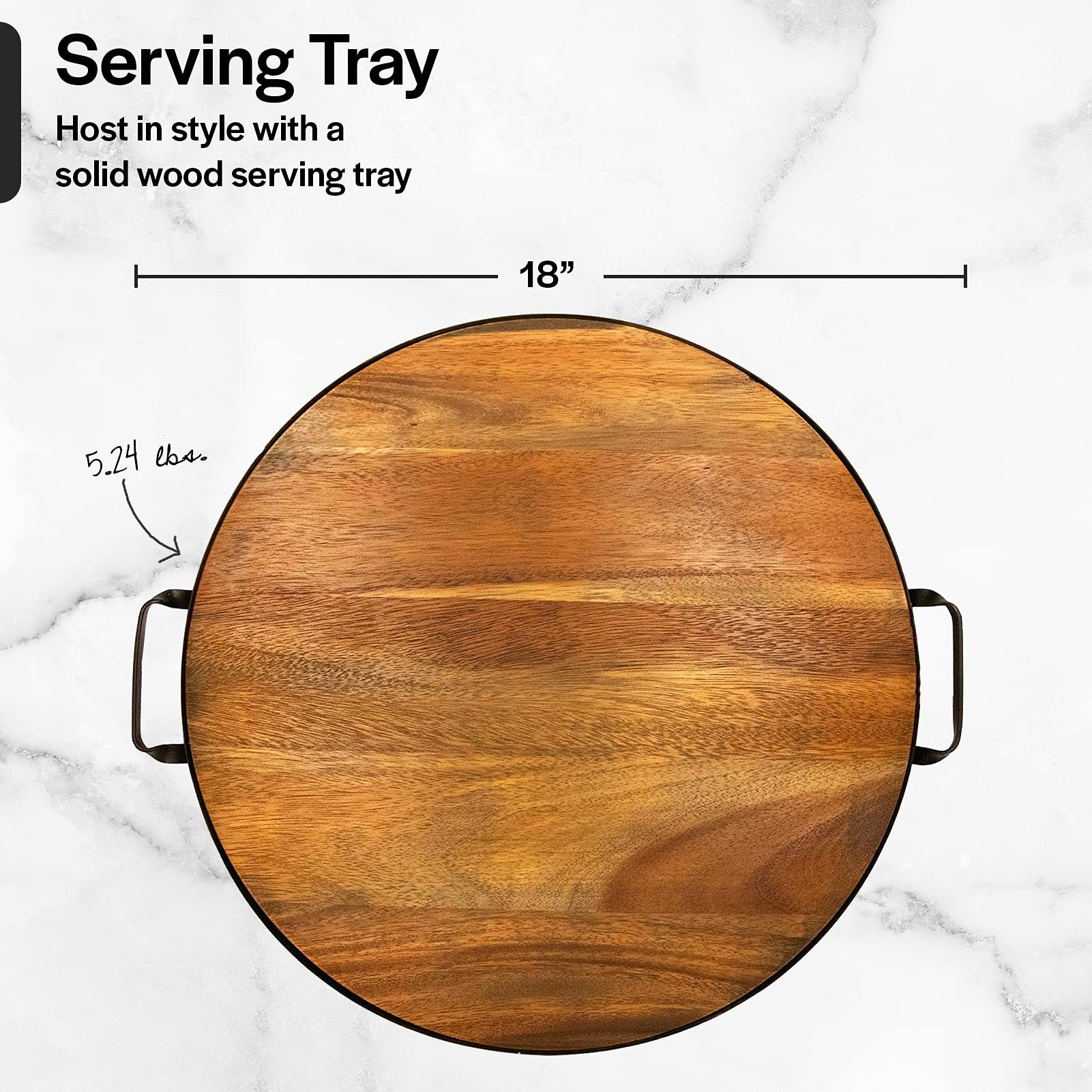 Villa Acacia 18 Inch Round Serving Tray, Solid Wood with Metal Band and ...