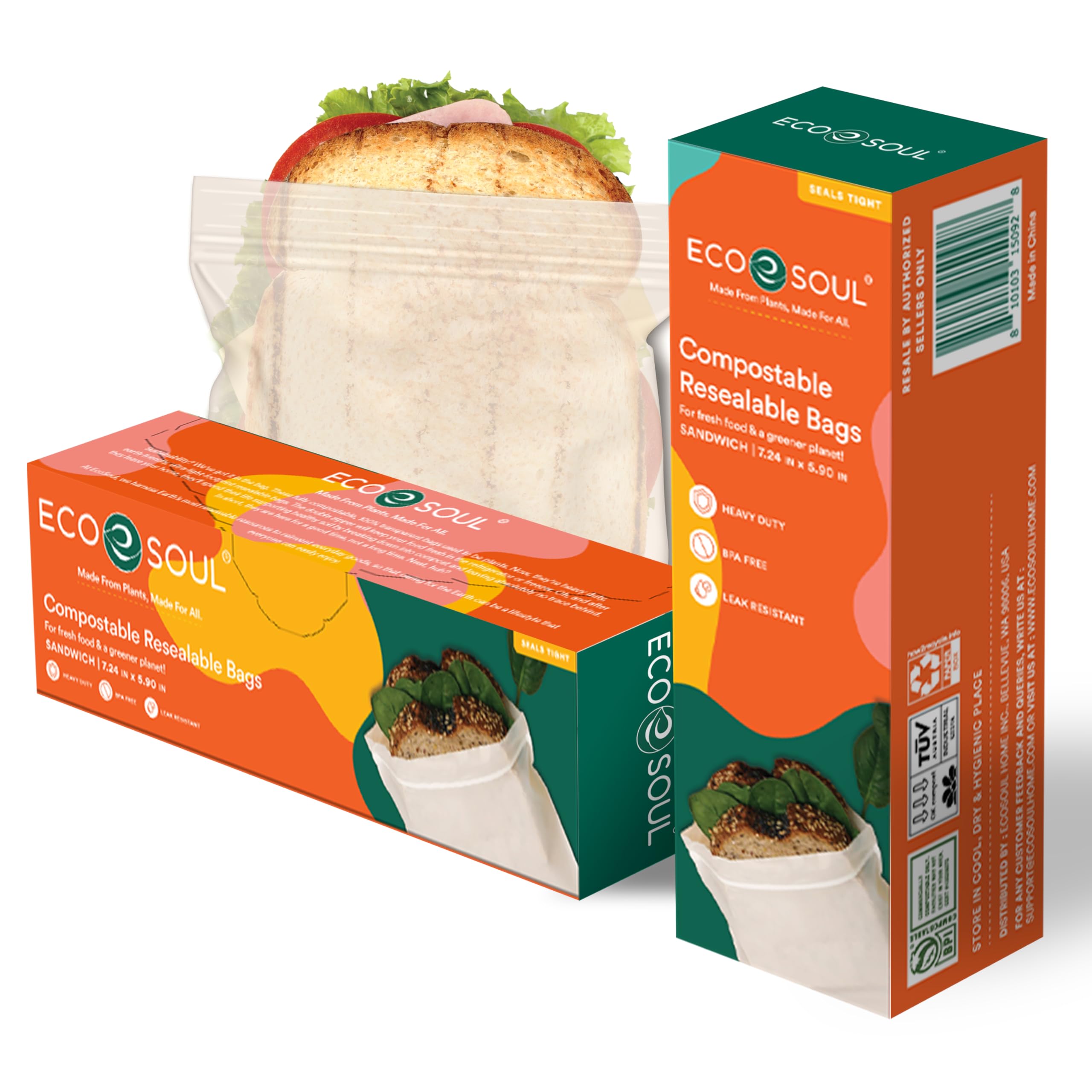 Amazon.com: ECO SOUL 100% Compostable Sandwich Bags [50 Counts][7.25"x6 ...