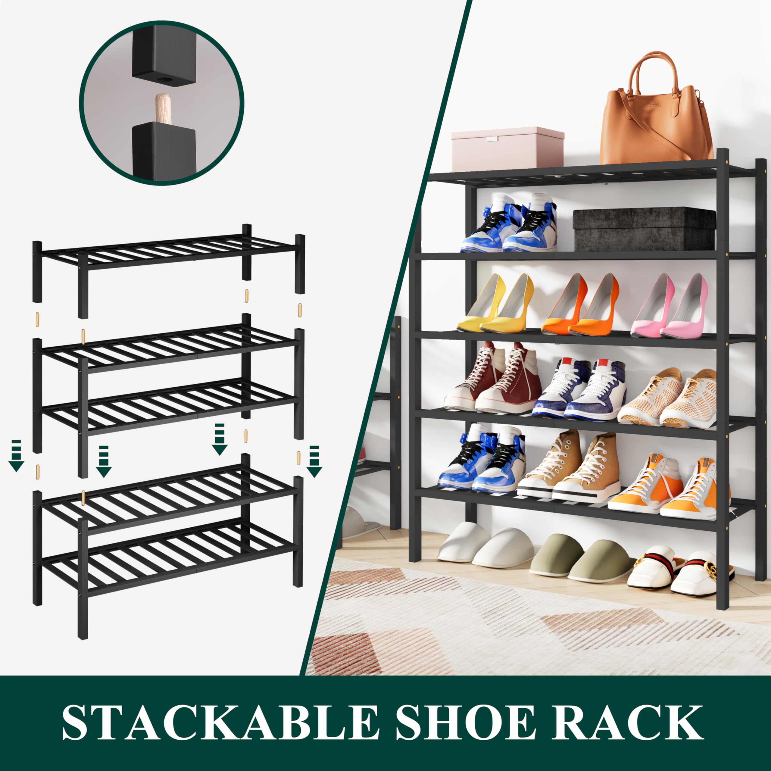 Snapklik.com : Shoe Rack, 2 Tier Bamboo Shoe Organizer, Stackable Free ...