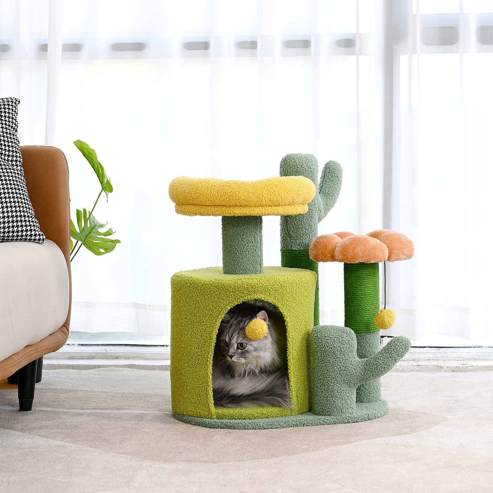 PET WONDERLAND Small Cat Condo, Cute Cactus Cat Tree with Multi ...