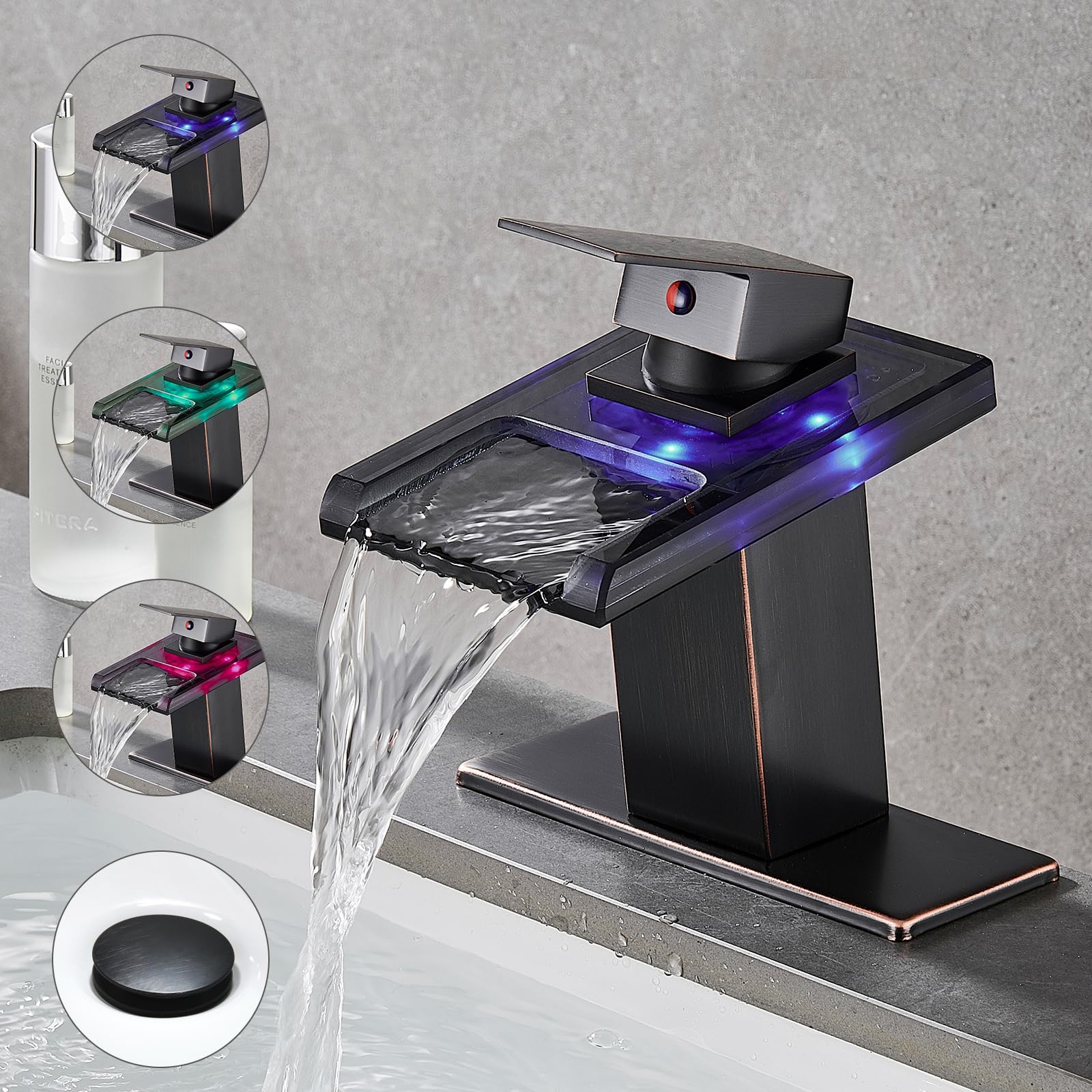 ZORIOU LED Bathroom Sink Faucets, Oil Rubbed Bronze Waterfall 3 LED ...