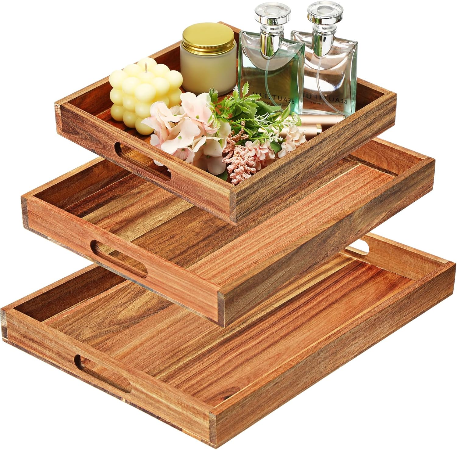 Amazon.com: Maxcheck 3 Pcs Acacia Wooden Serving Trays with Handles ...