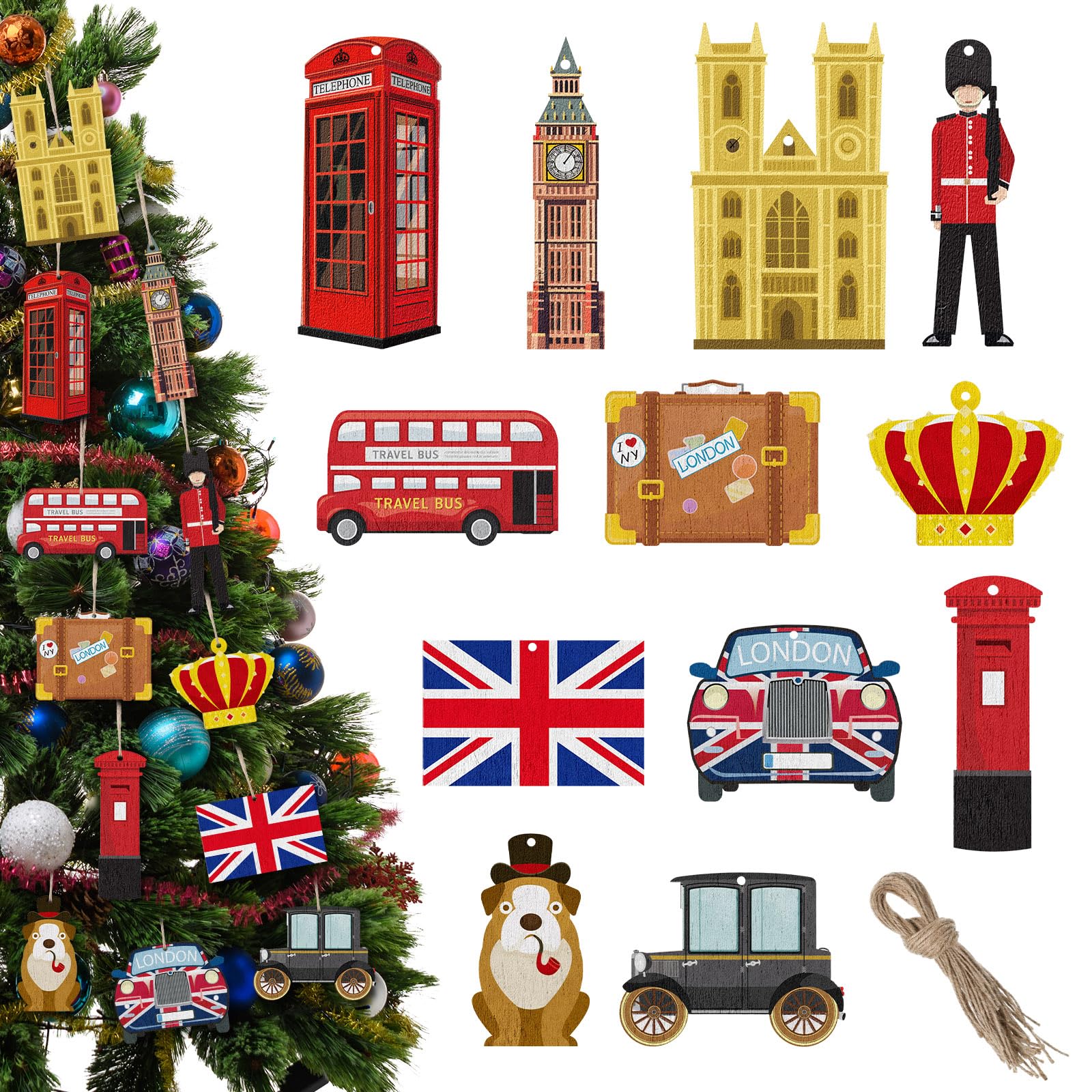 Amazon.com: Quzzil 24 Pcs London Christmas Ornament Wooden British ...