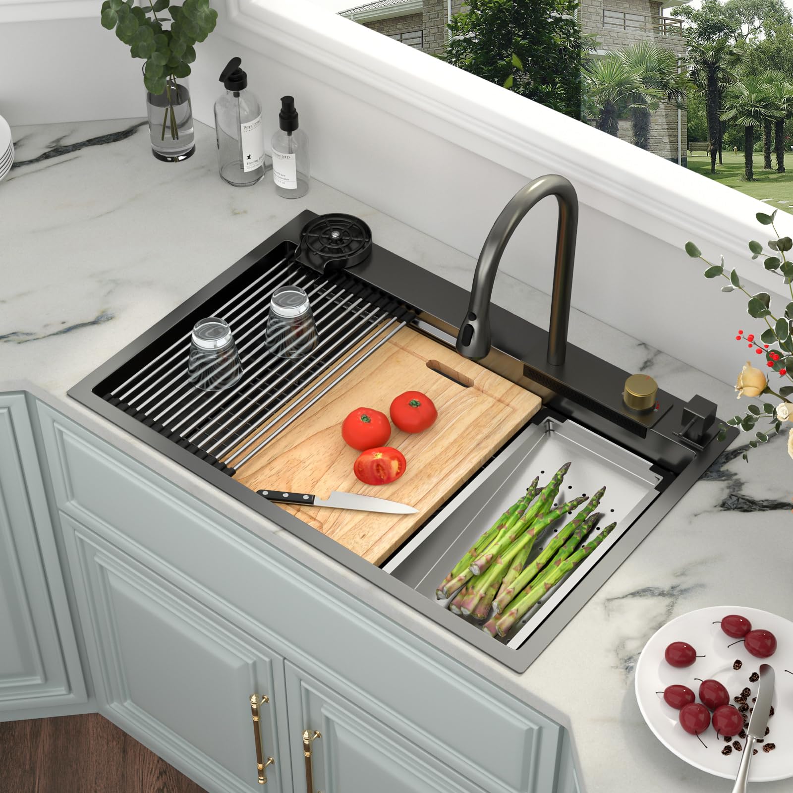 Snapklik.com : Kichae 33 Black Kitchen Sink Drop In Waterfall - 33x22 ...