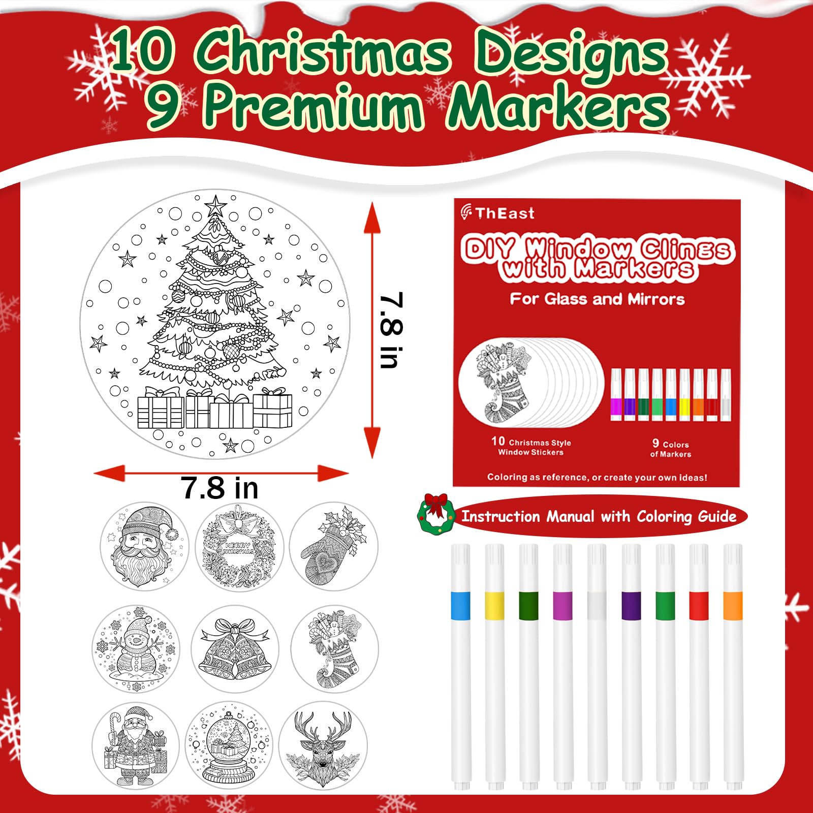 ThEast 10 Sheets DIY Christmas Window Clings, Color-Your-Own Window ...