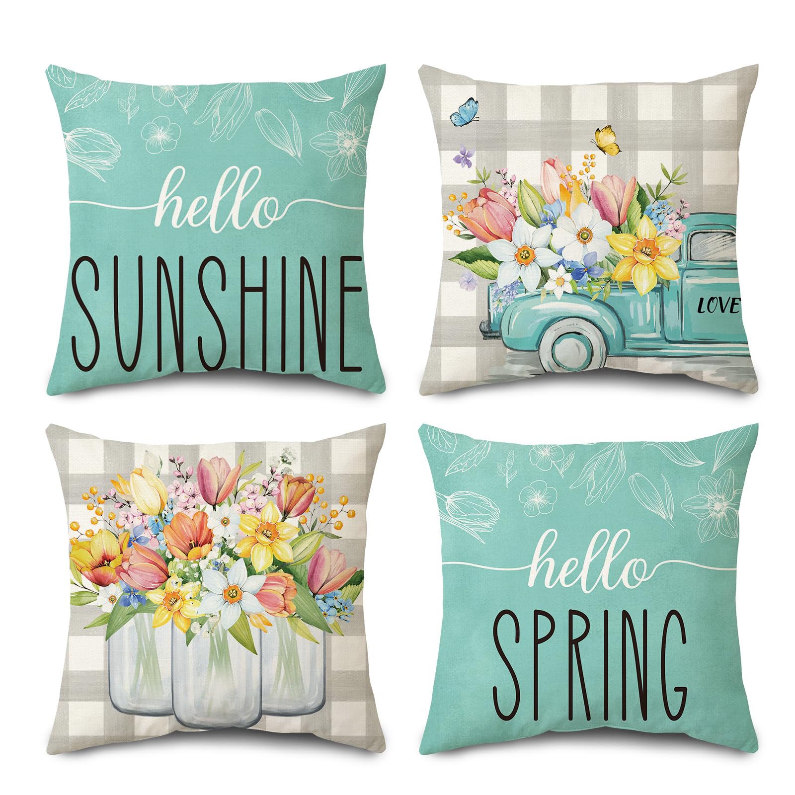 Amazon.com: Spring Pillow Covers 18x18 Set of 4 Flowers Mason Jar ...