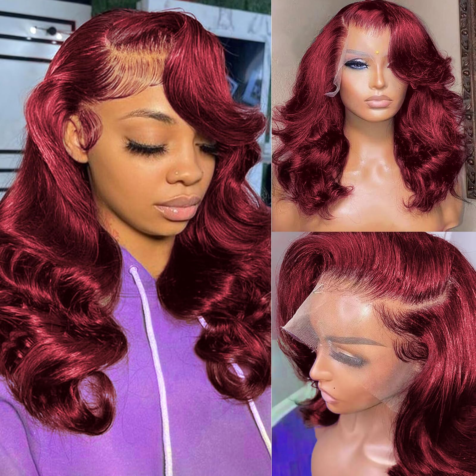 Amazon.com : 99j Burgundy Lace Front Wigs Human Hair 13x4 Bob Wig Human ...