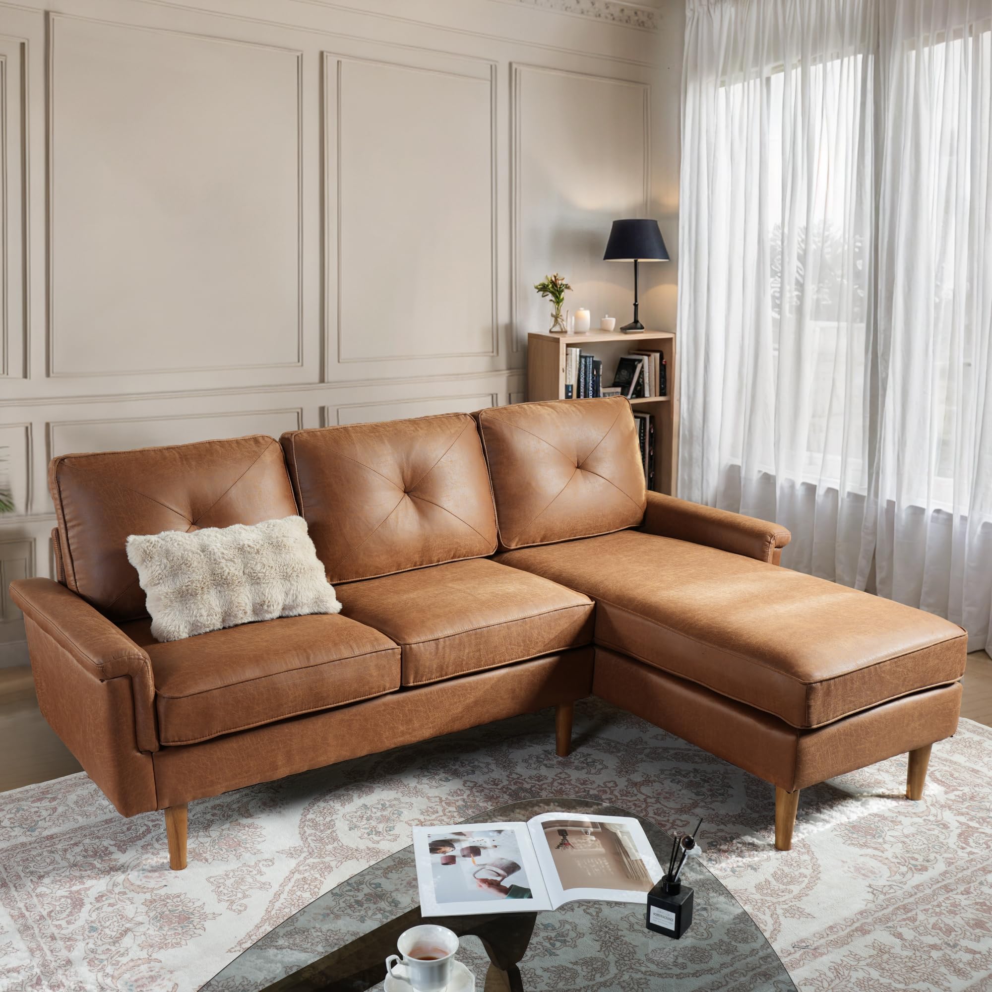 Amazon.com: XIZZI Faux Leather L Shaped Couch - Mid Century Modern 3 ...