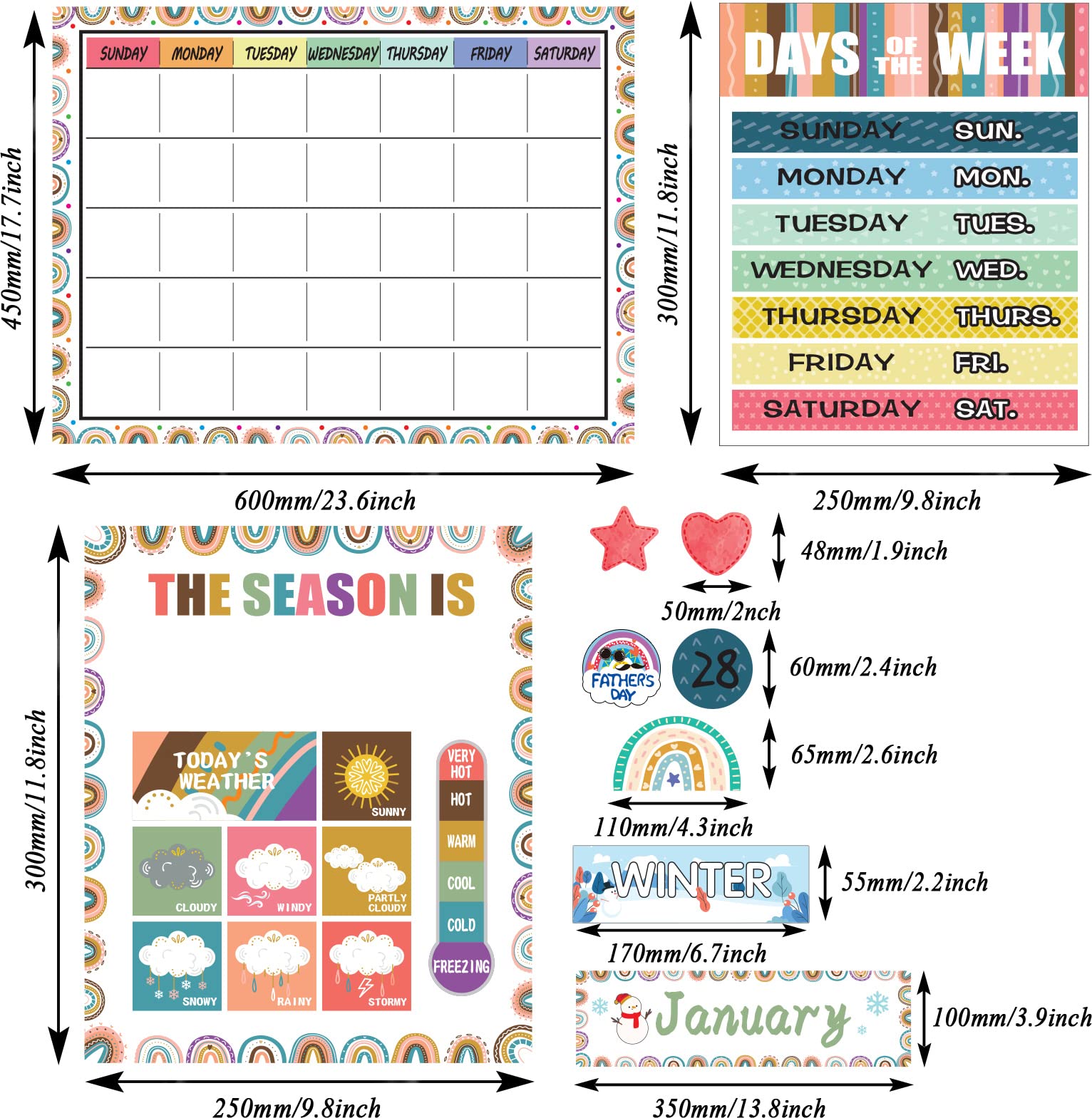Snapklik.com : Boho Rainbow Calendar Bulletin Board Set Calendar ...