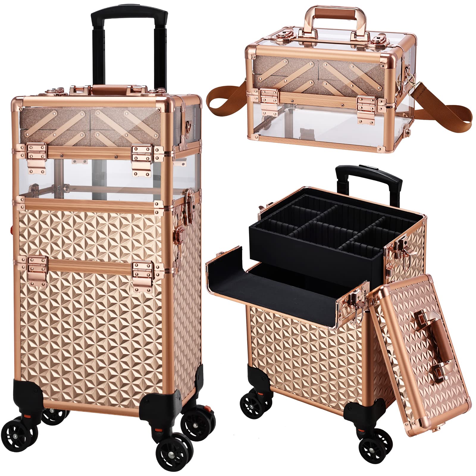 Yueieoun 3 in 1 Rolling Makeup Train Case Cosmetology Case on Wheels ...