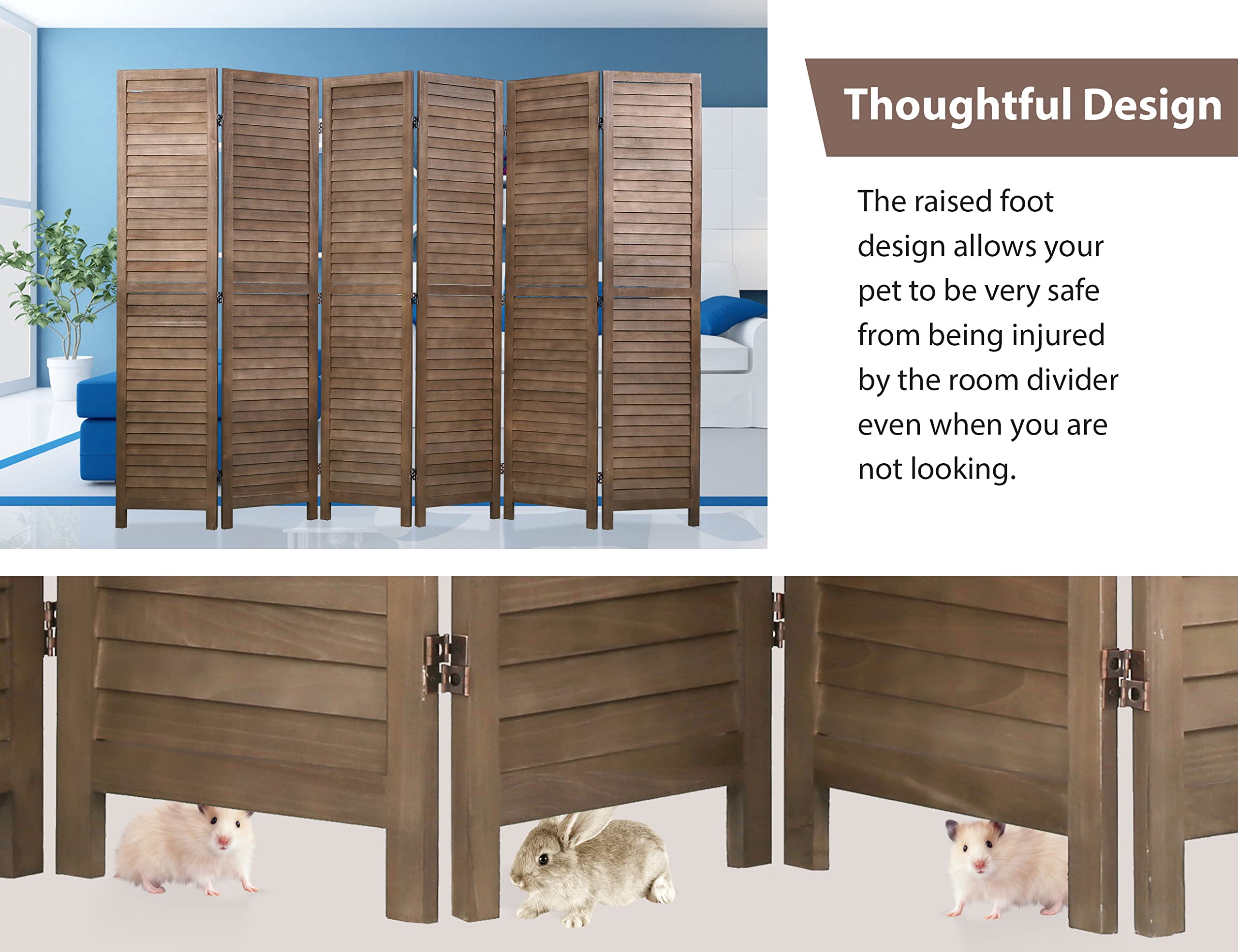 6 Panel Privacy Screen Wide Louver Wood Room Divider with Non-Slip Mat ...