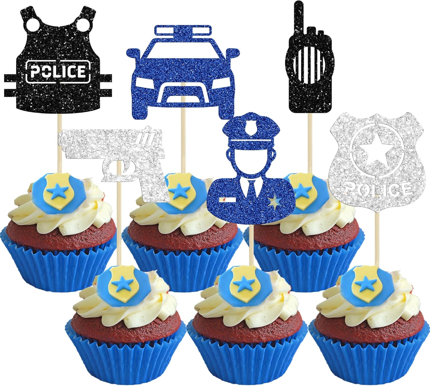 Amazon.com: Gyufise 24Pcs Police Cupcake Toppers Glitter Policeman ...