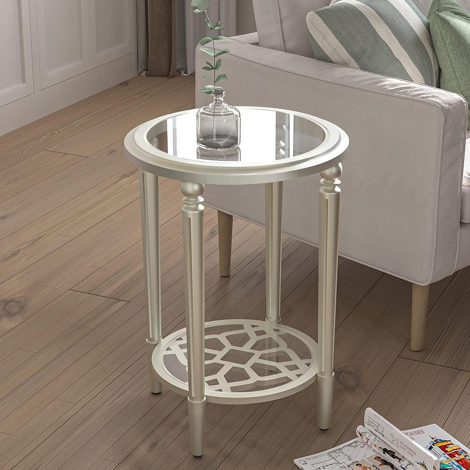 COSIEST Modern Round End Table, 2-Tier Champagne Side Table with ...