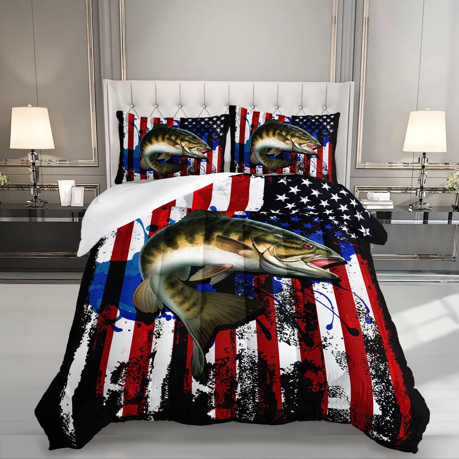 Amazon.com: HOSIMA Big Pike Fishing Comforter Set,Bass Fish American ...