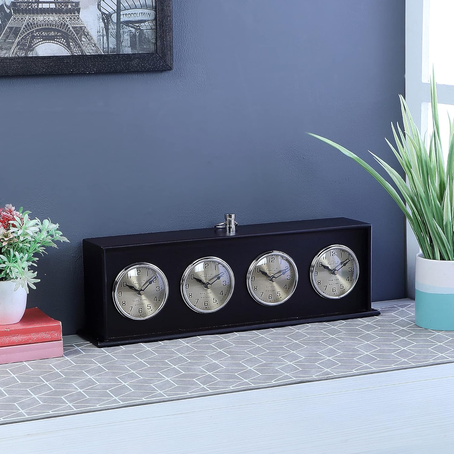 TrenDec 4-Time Zone World Clock | Black Wooden Analog Desk Clock for ...