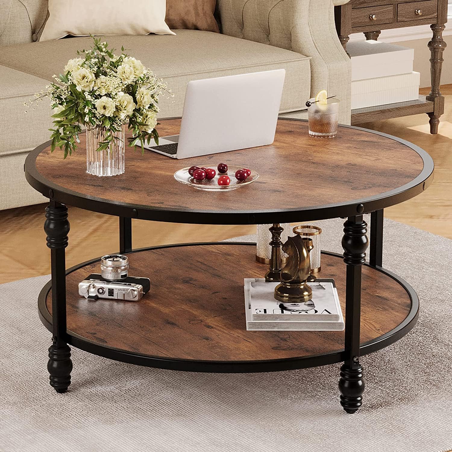 Amazon.com: IDEALHOUSE Round Coffee Table for Living Room Rustic Center ...