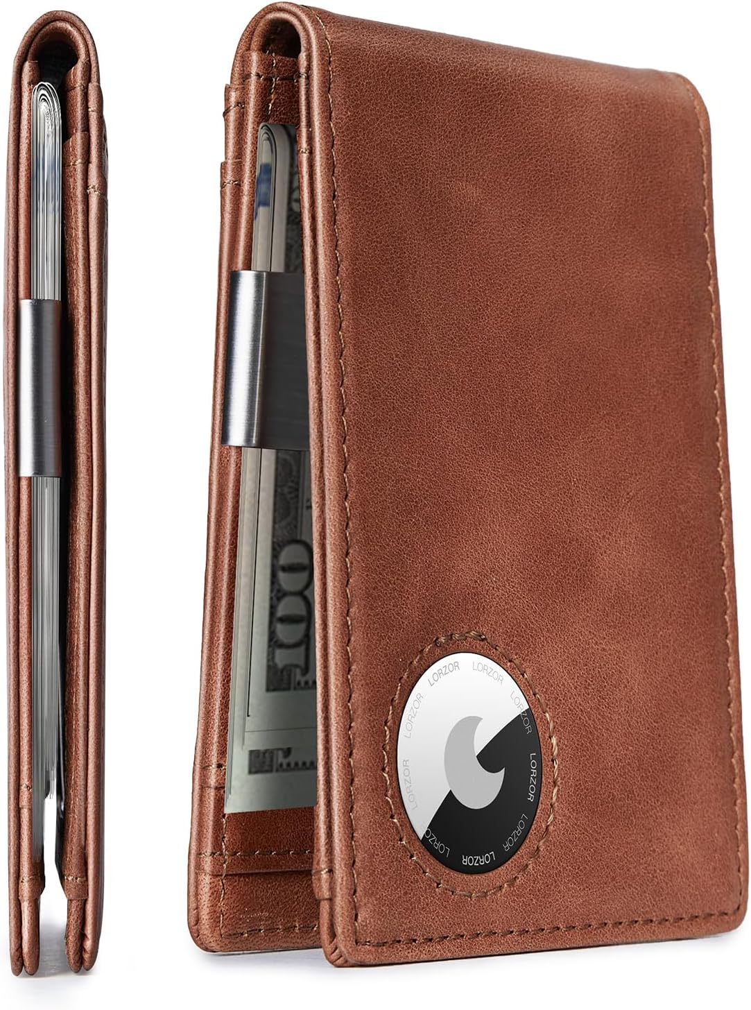 Amazon.com: Genuine Leather AirTag Wallet with Money Clip - Mens Bifold ...