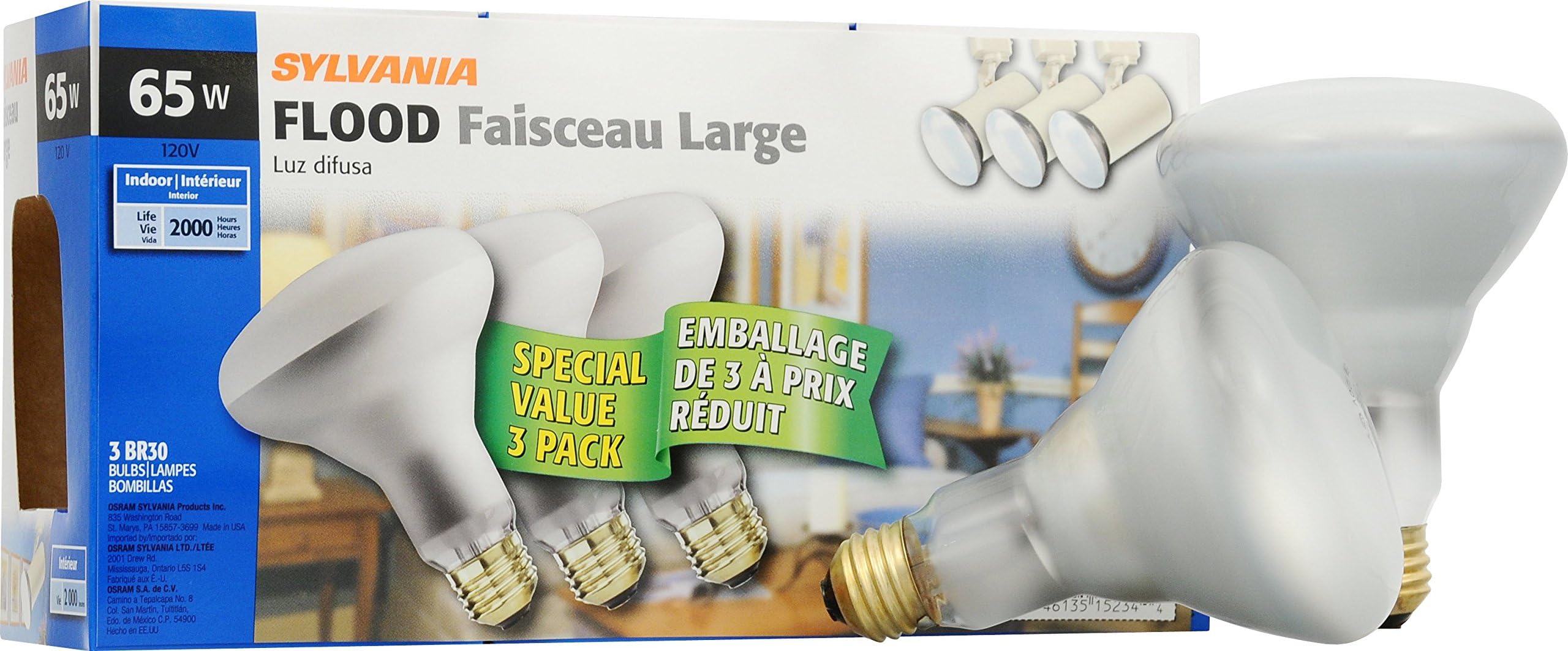 SYLVANIA Fluorescent BR30 Flood Light Bulb, 65W, Dimmable, Medium Base ...