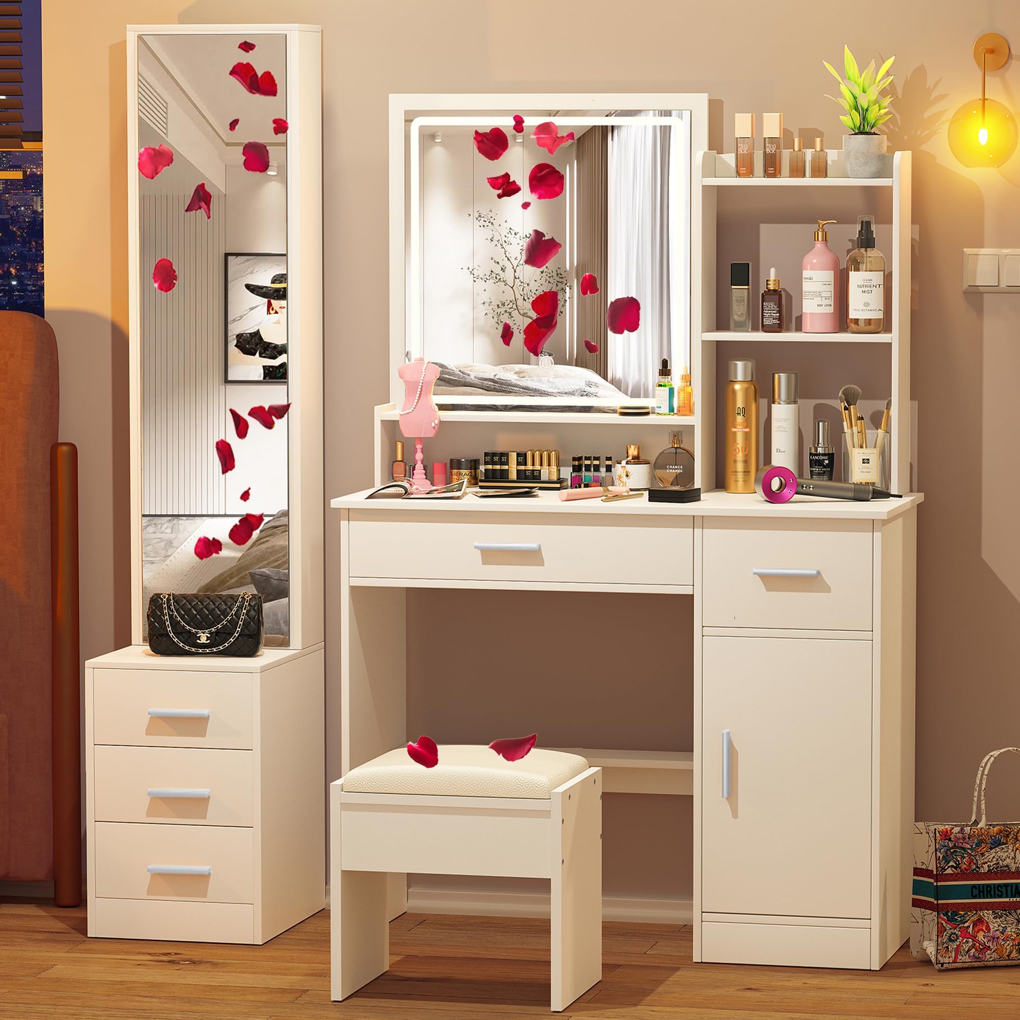 Amazon.com: Vanity Set with Mirror and Stool and Lights,White Vanity ...
