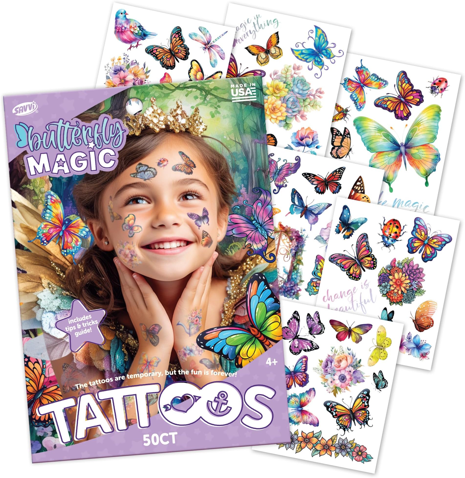 Amazon.com : Savvi - 50 Butterfly Magic Temporary Tattoos: Vibrant ...