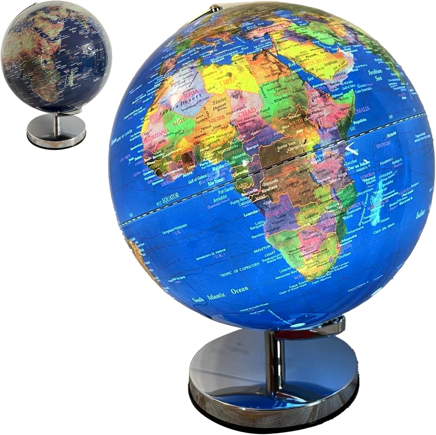 30cm diameter colour illuminated globe with sturdy metal base ...