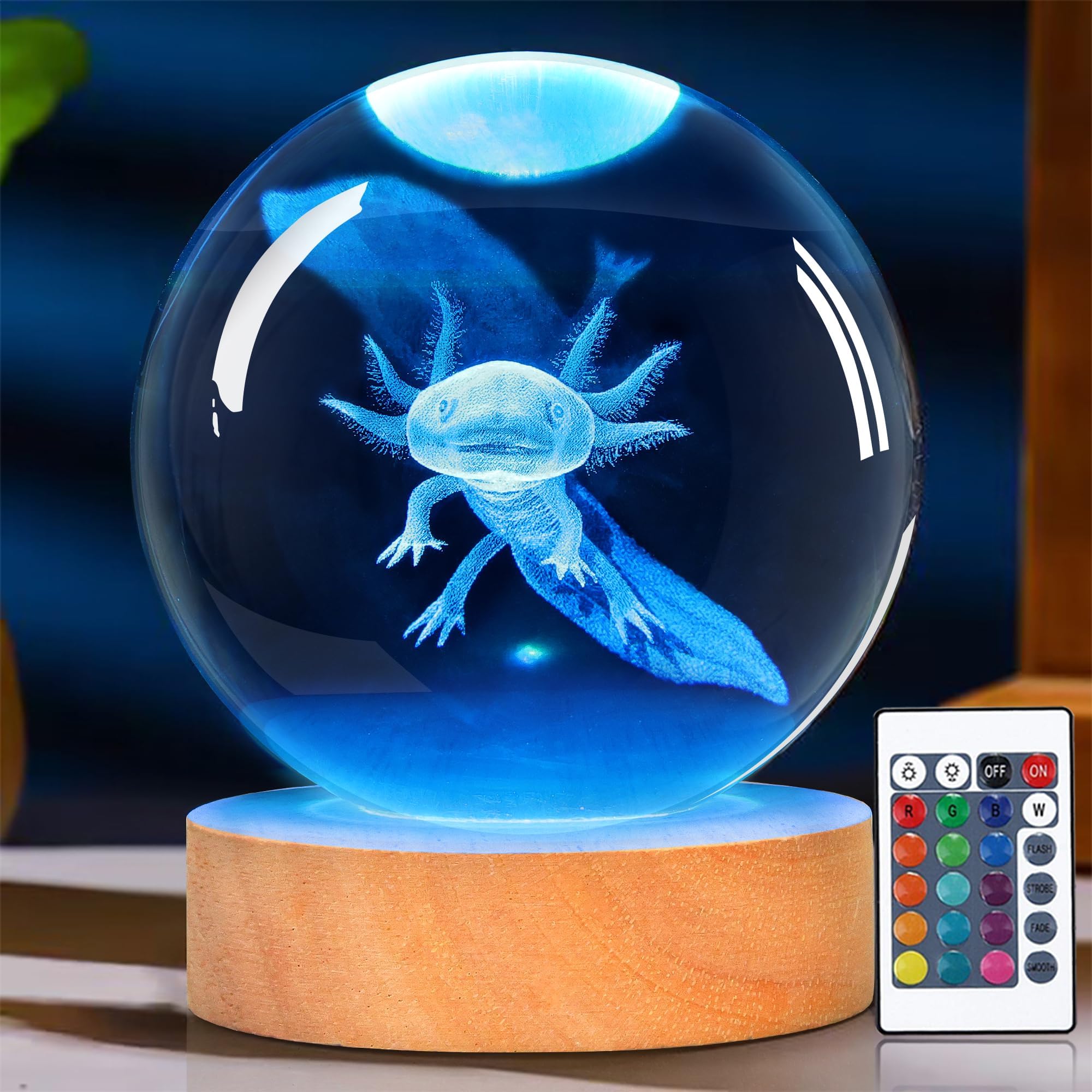 OkiyiD 3D Axolotl Crystal Ball Night Light With Remote, Glass Ball Lamp ...
