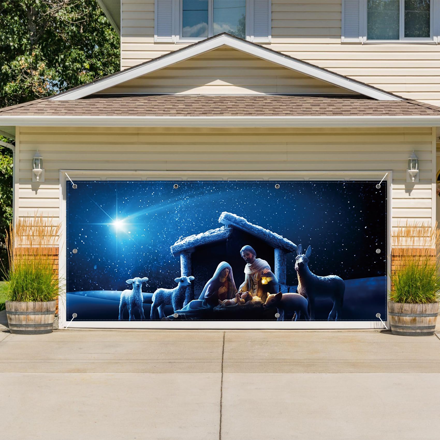 Amazon.com: Renaiss 16x7ft Nativity Scene Garage Door Banner with ...
