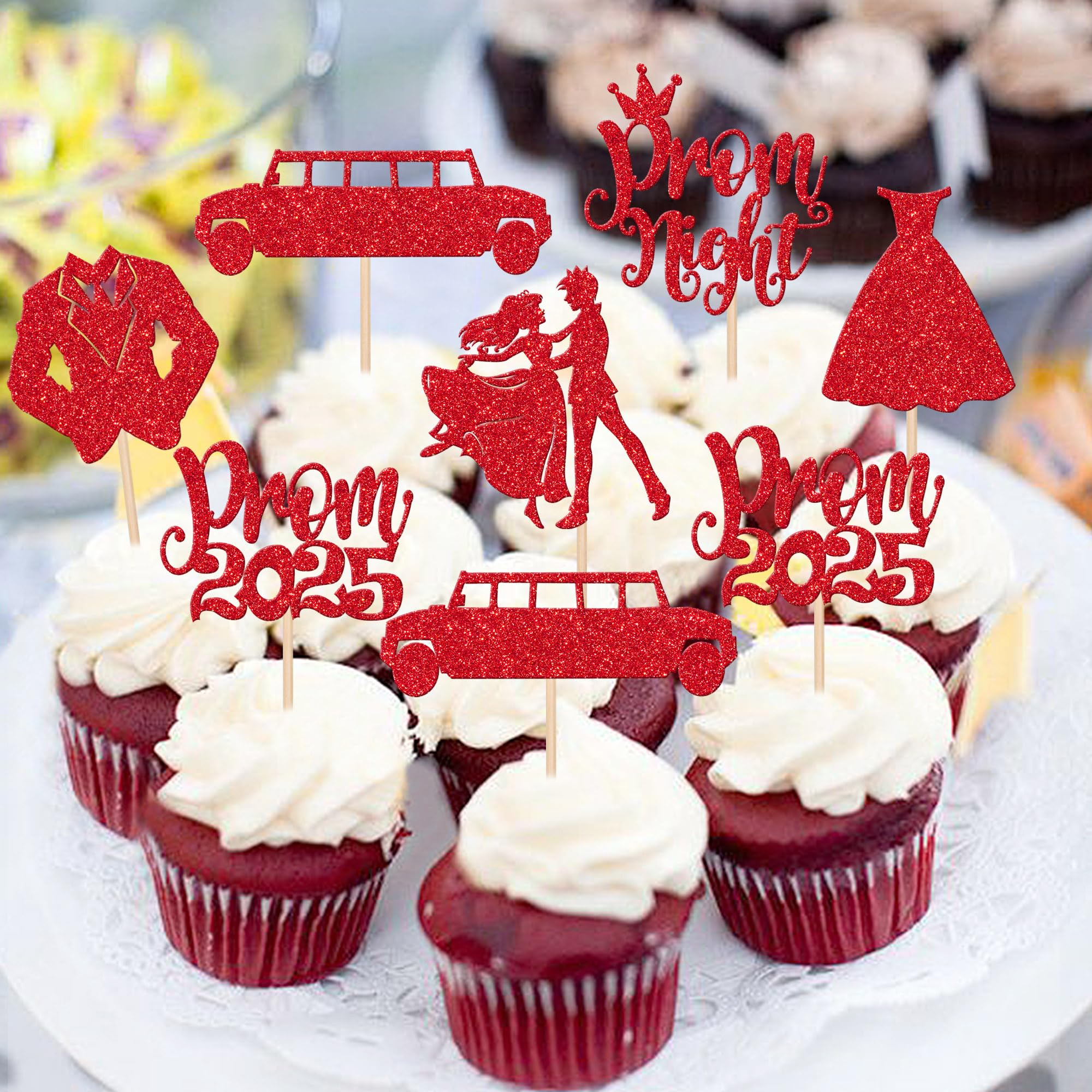 Snapklik.com : 24 PCS Red Glitter Prom & Graduation Cupcake Toppers