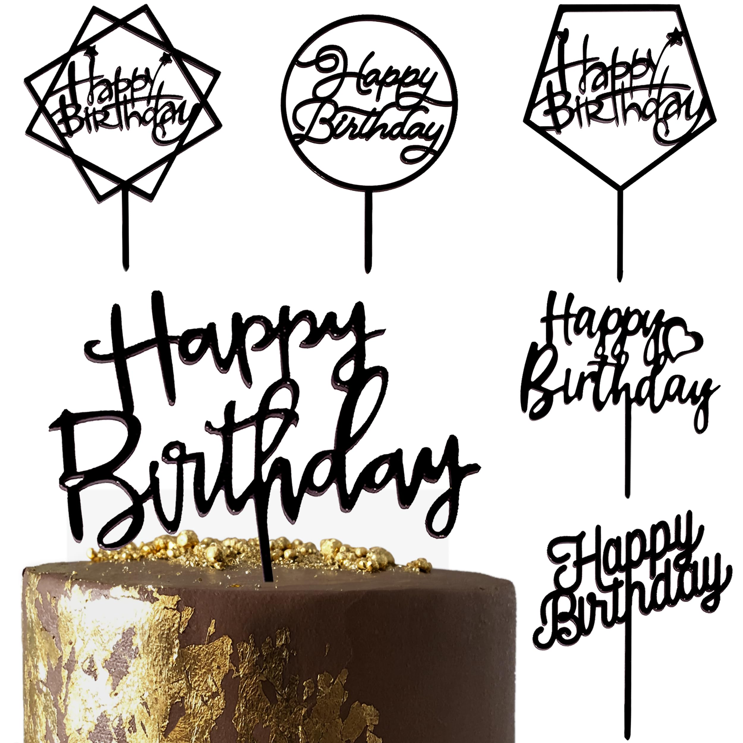 6 Pack Black Birthday Cake Topper Set Double Sided Shiny | Desertcart ...