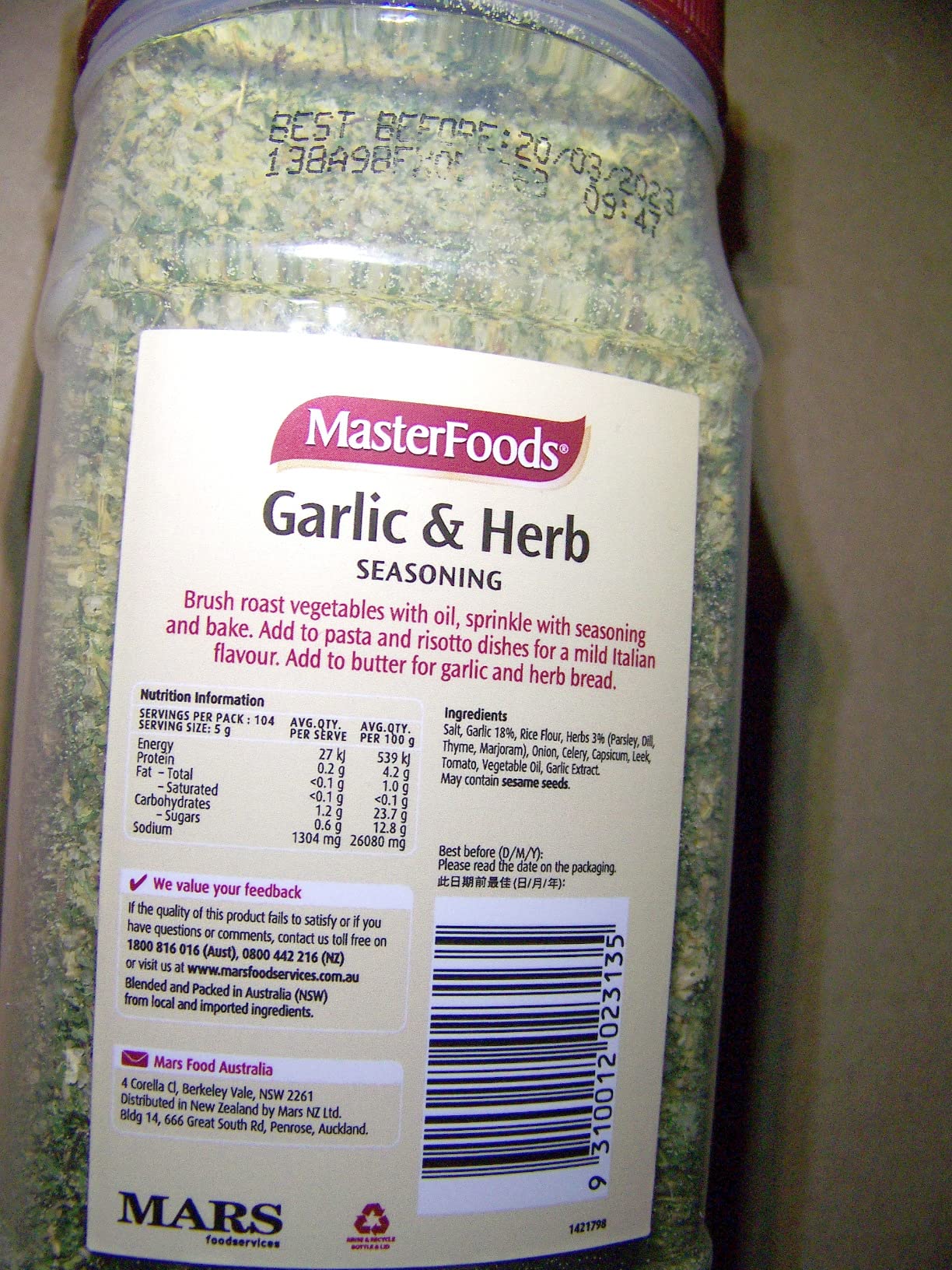 MasterFoods Garlic Herb Seasoning 700 g Jar : Amazon.com.au: Grocery