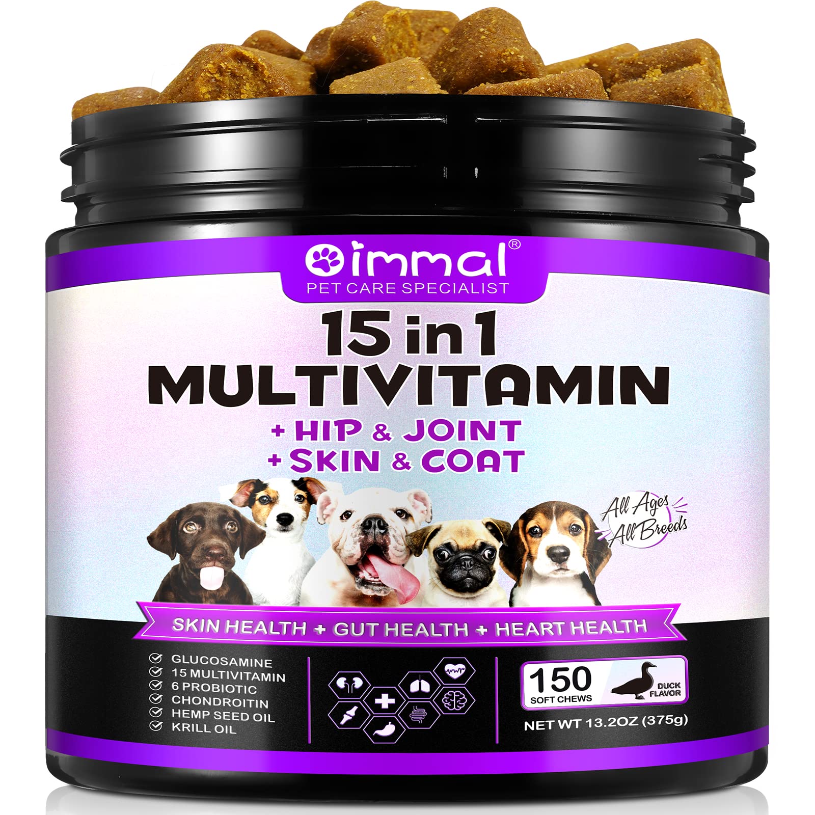 Dog Multivitamin Chewable Supplements 15 in 1. Hip, Joint, Skin Coat ...