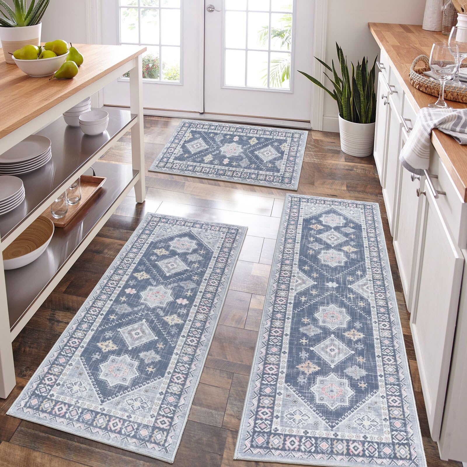 Amazon.com: HEBE Boho Kitchen Rug Sets 3 Piece with Runner Non Slip ...
